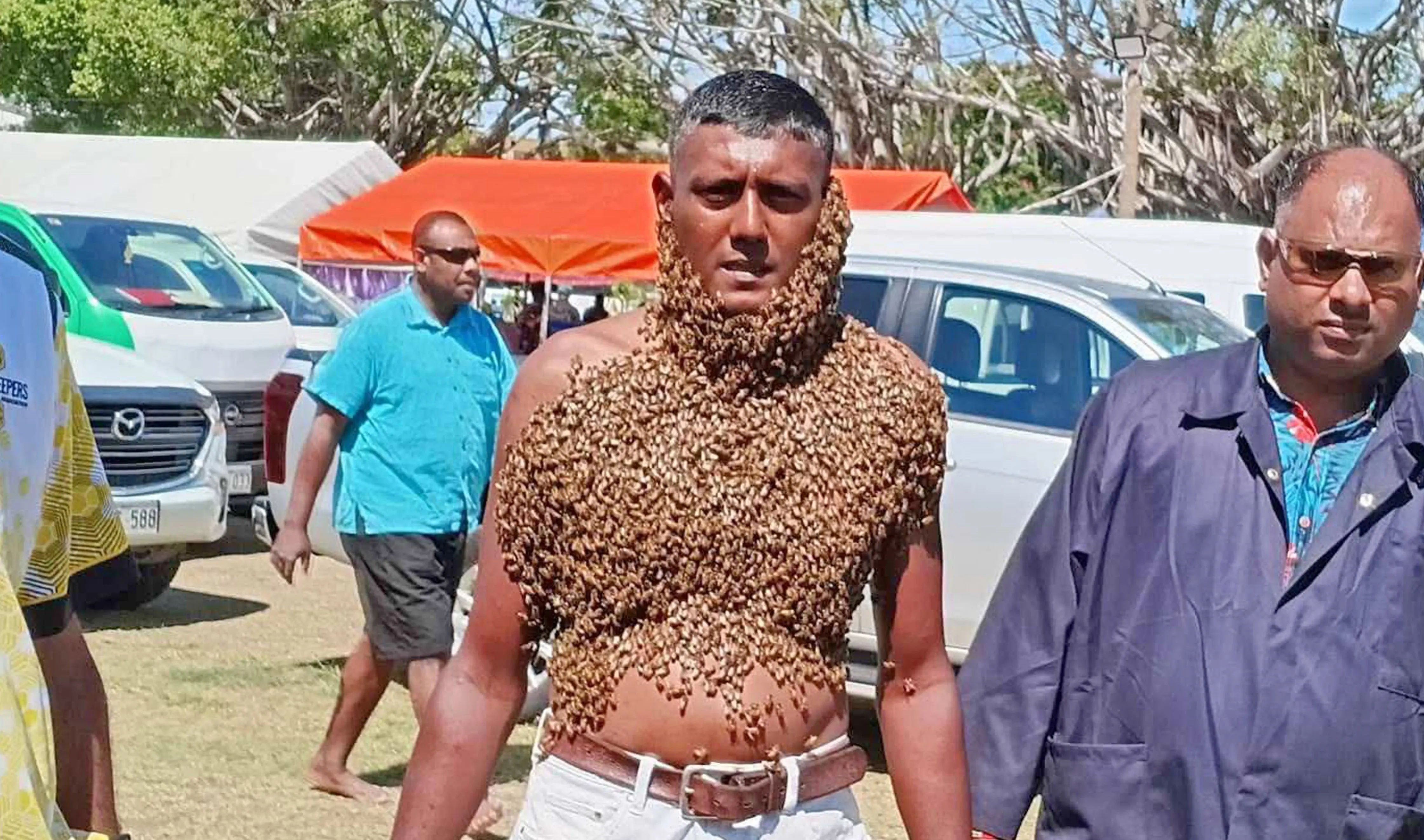 Beekeeper turns heads with bees swarming his body at Agriculture Show ...